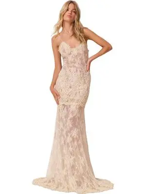 LoveShackFancy Noira Lace Pearl-embellished Gown - Antique Cream