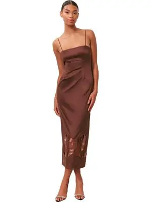 LoveShackFancy Calise Satin Midi Dress With Bow Detail - Chocolate Brown