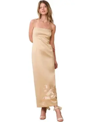 LoveShackFancy Calise Satin Midi Dress With Bow Detail - Gold