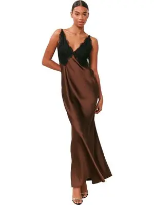 LoveShackFancy Iridia Satin Maxi Slip Dress - Chocolate Brown