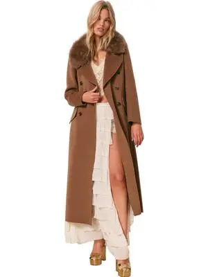 LoveShackFancy Char Wool Coat With Faux Fur Collar Camel