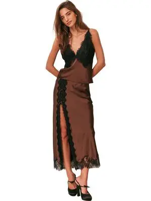 LoveShackFancy Calder Satin Midi Slip Skirt - Chocolate Brown