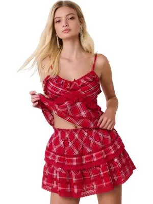 LoveShackFancy Ruffle Mini Tartan Skirt Cherry Jubilee