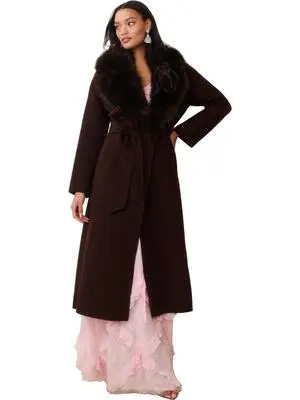 LoveShackFancy Kenzia Faux Fur Collar Wool Coat - Chocolate Brown