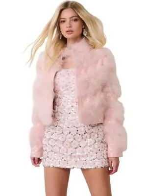 LoveShackFancy Curran Feather And Sequin Jacket - Pink