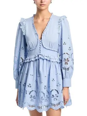 Aqua Embroidered Poplin Mini Dress - Blue