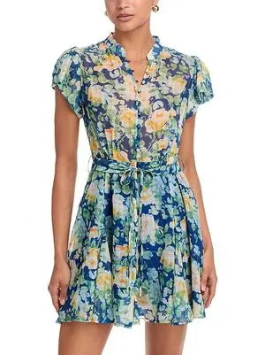 Aqua Floral Button Front Flutter Mini Dress - Navy Multi