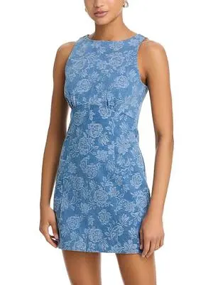 Aqua Denim Jacquard Mini Dress - Medium Blue