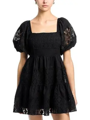 Aqua Lace Inset Puff Sleeve Mini Dress - Black