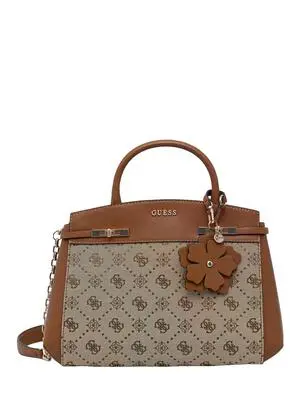 Guess Printed Tote Bag With Flower Charm - Brown