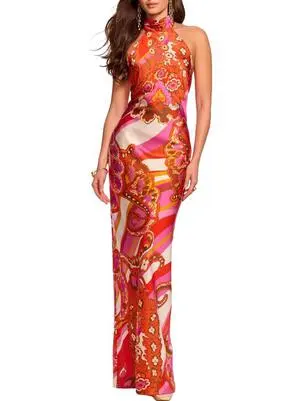 Ramy Brook Tatiana Mixed Print Stretch Silk Halter Neck Gown - Fiesta Pink Multi