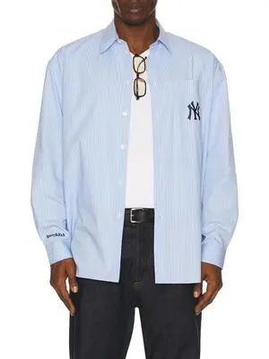 SPORTY & RICH Heritage Yankees Serif Oversized Shirt In Blue - Blue Stripe