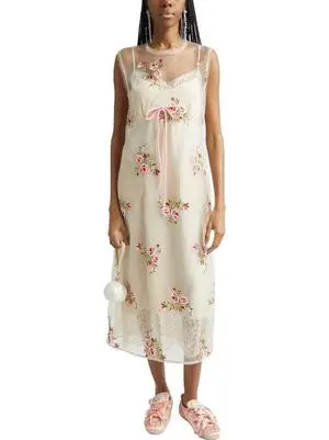 Simone Rocha Floral Embroidered Organza Column Dress - Nude Floral/pink