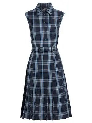 Thom Browne Pleated Checked Wool And Linen-blend Shirt Dress - Navy