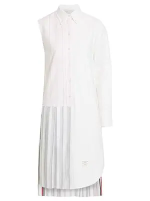 Thom Browne One-sleeve Striped Cotton-piqué Midi Shirt Dress - White