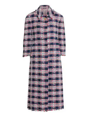 Thom Browne Checked Tweed Coat With Frayed Trims - Navy