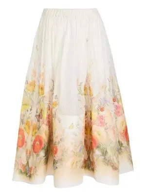 Zimmermann Floral-print Linen And Silk-blend Midi Skirt - Off-white