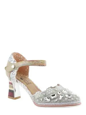 SPRING STEP SHOES Embellished Pump With Ankle Strap - Silver Multi