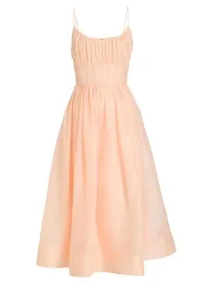 Zimmermann Gathered Linen And Silk-blend Midi Dress - Pastel Orange