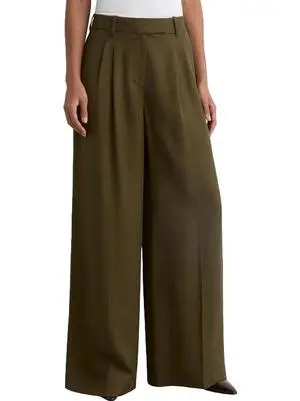 REISS Pleat Front Wide Leg Pants - Khaki Green