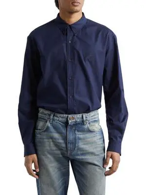 Balmain Monogram Embroidery Cotton Button-down Shirt - Marine