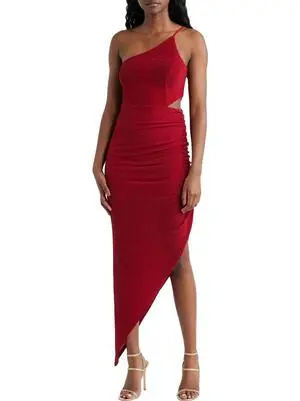 JUMP APPAREL Metallic Knit One-shoulder Asymmetric Gown - Red
