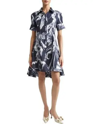 Erdem Tulip Print Pleated Faille Shirtdress - Botanical Engraving Midnight