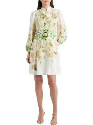 TAHARI ASL Border Print Belted Long Sleeve Dress - Ivory Fern