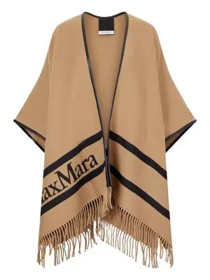 Max Mara Fringed Leather-Trimmed Wool-Jacquard Cape Brown