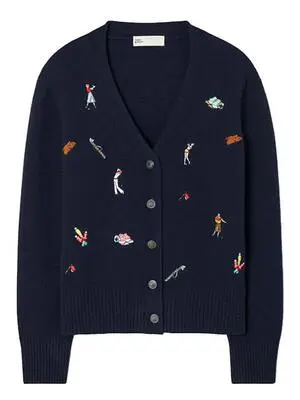 Tory Burch Embroidered Golf Cardigan Medium Navy