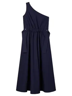 Tory Burch One-shoulder Belted Cotton Dress - Medium Navy