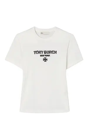Tory Burch Embroidered Cotton T-shirt - Snow White/black