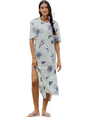 CELANDINE Graphic Maxi T-shirt Dress - Blue Pattern