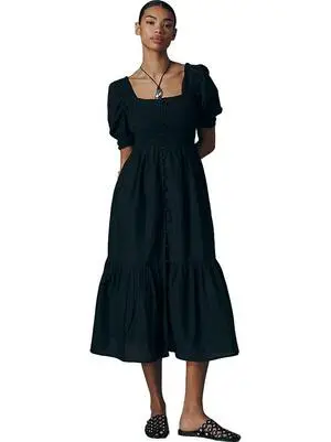 Anthropologie Cotton Puff-sleeve Midi Dress - Black