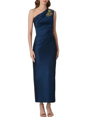 Shoshanna Midnight Como Embellished Dupioni Gown - Navy