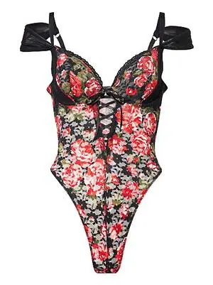 SAVAGE X FENTY Printed Lace Teddy - Blk Caviar Ros Passi Prt