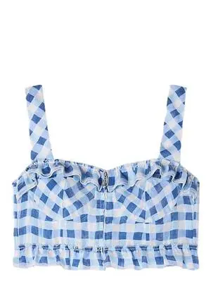 Sandro Checked Cropped Linen-blend Top - Blu / White