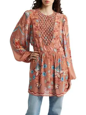 Farm Rio Floral Print Mini Dress - Boho Enchance Mocha