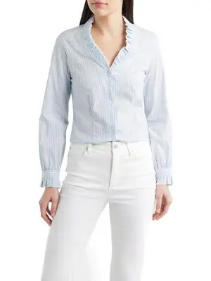 Anne Klein Ruffle-trimmed Striped Cotton Shirt - Blue Wash Multi