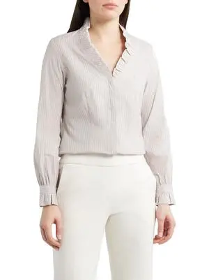 Anne Klein Ruffle-trimmed Striped Cotton Shirt - Light Porcini Multi