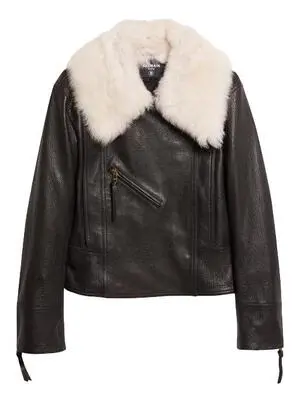 Balmain Shearling Collar Leather Biker Jacket Ecj Black/natural