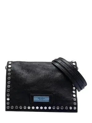 Prada Glace Calfskin Studded Etiquette Flap Crossbody Bag - Black