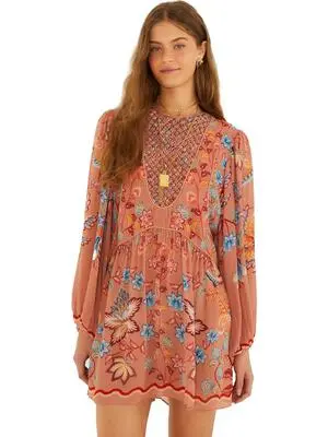 Farm Rio Boho Lace Long Sleeve Mini Dress - Boho Enchance Mocha