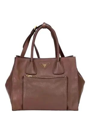 Prada Leather Logo Tote Bag - Brown