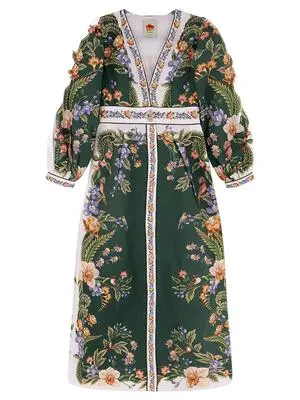 Farm Rio Long Cotton Floral Print Dress - Green