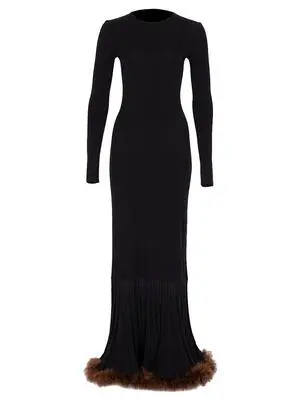 Zeynep Arçay Maxi Knit Ostrich Feather Dress - Black