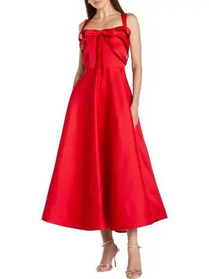 Mac Duggal Satin Sleeveless A-line Ankle Dress With Bow Detail - Red