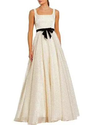 Mac Duggal Polka Dot Organza Square Neck Ballgown With Bow - Ivory