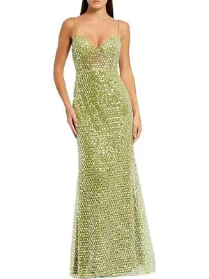 Mac Duggal Embellished Mesh Bustier Gown - Apple Green