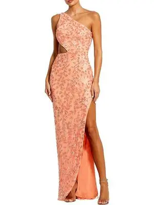 Mac Duggal Hand-Embellished One-Shoulder Cut-Out Gown Peach